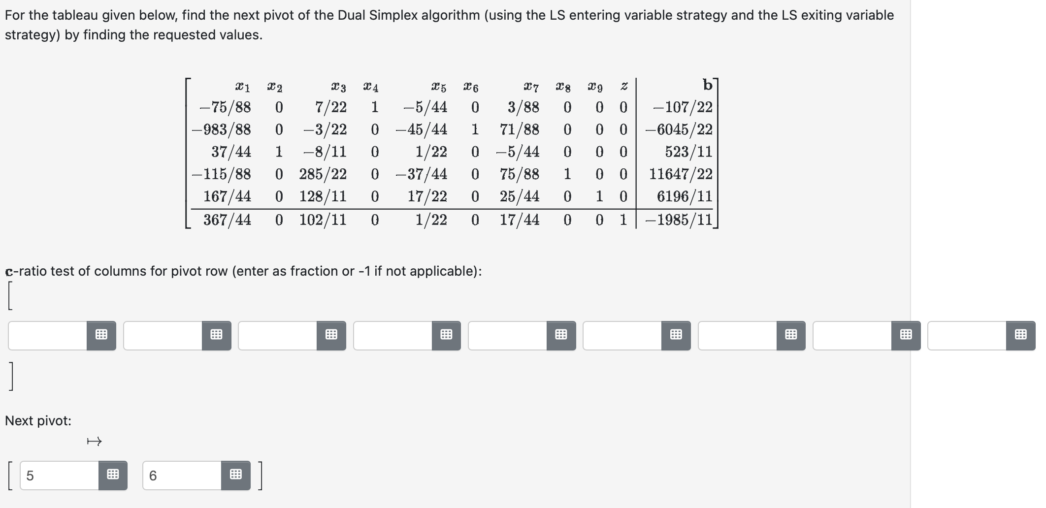 Solved For the tableau given below, find the next pivot of | Chegg.com