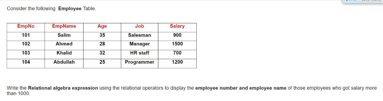 Solved Consider the following Employee Table. EmpNo EmpName | Chegg.com