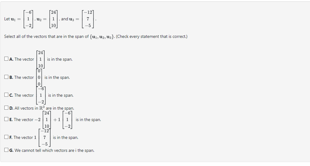 Solved Let u1=⎣⎡−61−2⎦⎤,u2=⎣⎡24110⎦⎤, and u3=⎣⎡−127−5⎦⎤ | Chegg.com