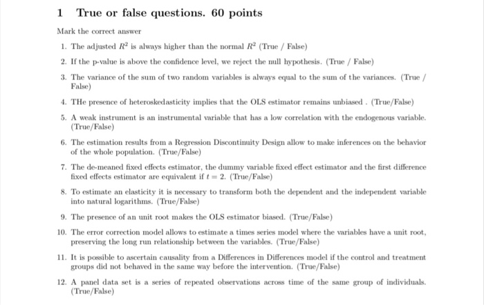 Solved 1 True or false questions. 60 points Mark the correct | Chegg.com