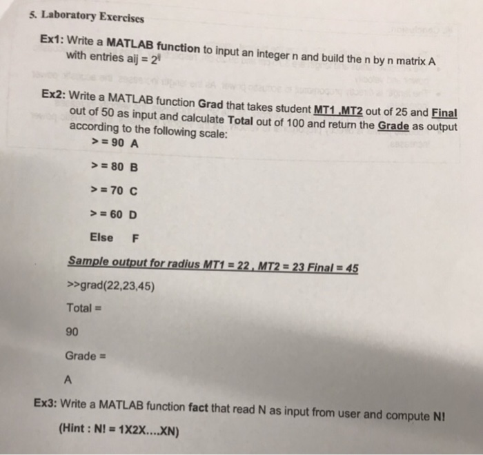 Solved Laboratory Exercises Write A Matlab Function To Input