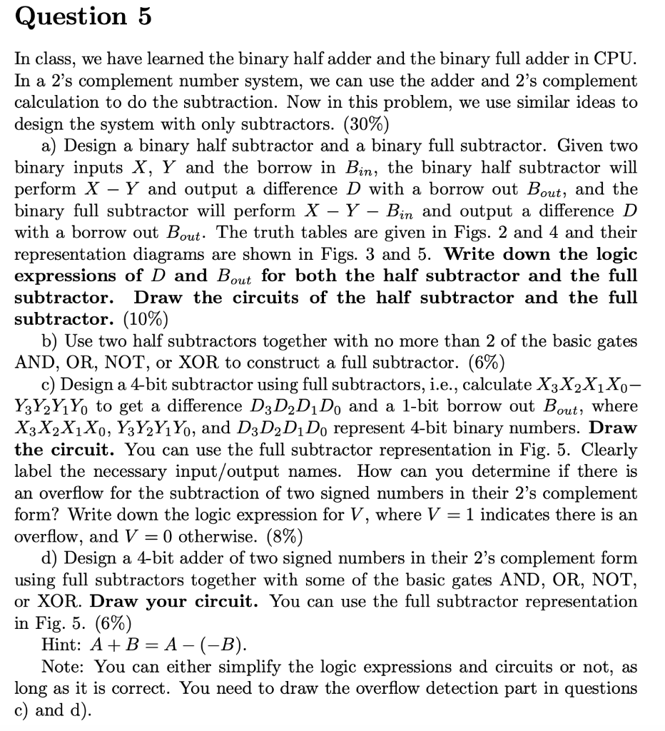 Question 5 In class, we have learned the binary half | Chegg.com