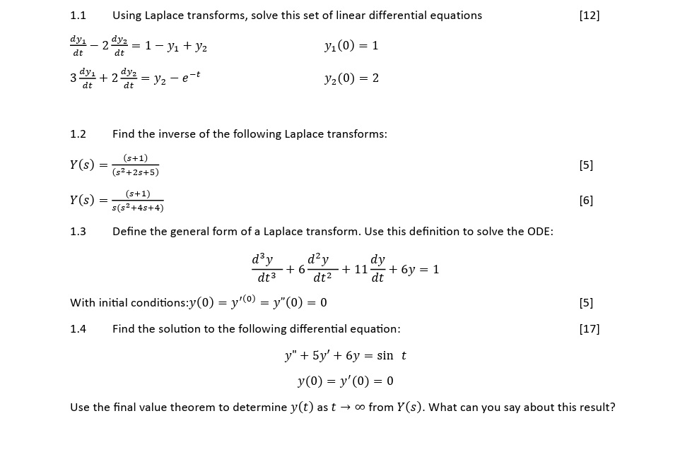 Solved 1.1 Using Laplace transforms, solve this set of | Chegg.com