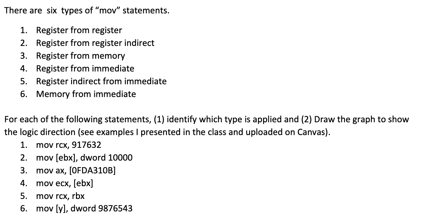 Solved There are six types of "mov" statements. 1. Register | Chegg.com
