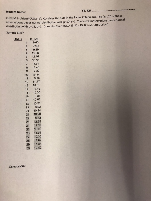 Solved Student Name CUSUM observations under normal | Chegg.com