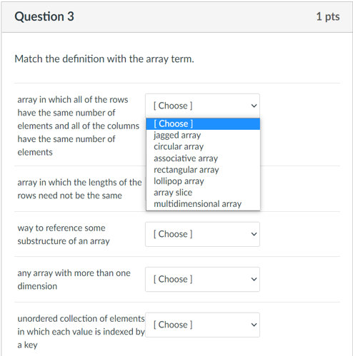 Solved Match the definition with the array term. array in | Chegg.com