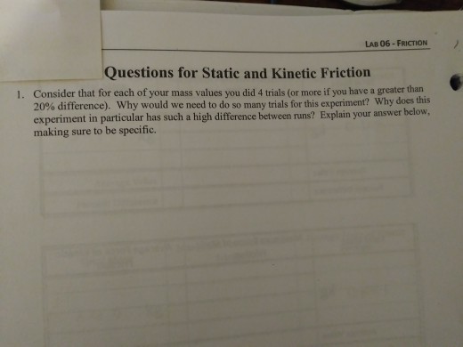 Solved LAB 06- FRICTION Questions for Static and Kinetic | Chegg.com