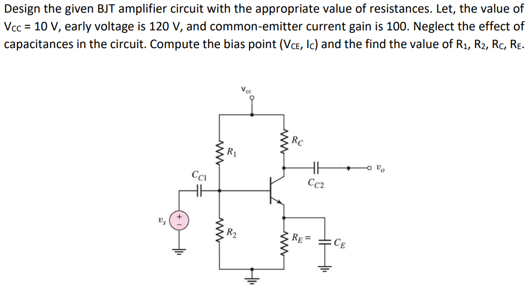 Solved Design the given BJT amplifier circuit with the | Chegg.com