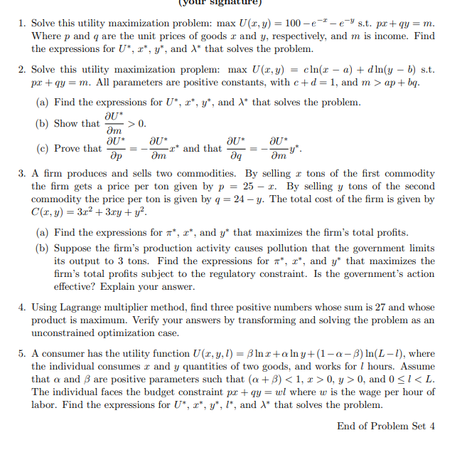 1. Solve this utility maximization problem: max U(x, | Chegg.com