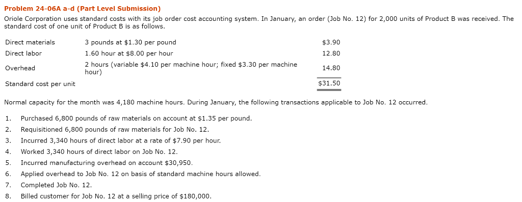 Solved Problem 24-06A a-d (Part Level Submission) Oriole | Chegg.com