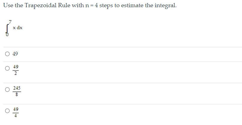 Solved Use the Trapezoidal Rule with n=4 ﻿steps to estimate | Chegg.com