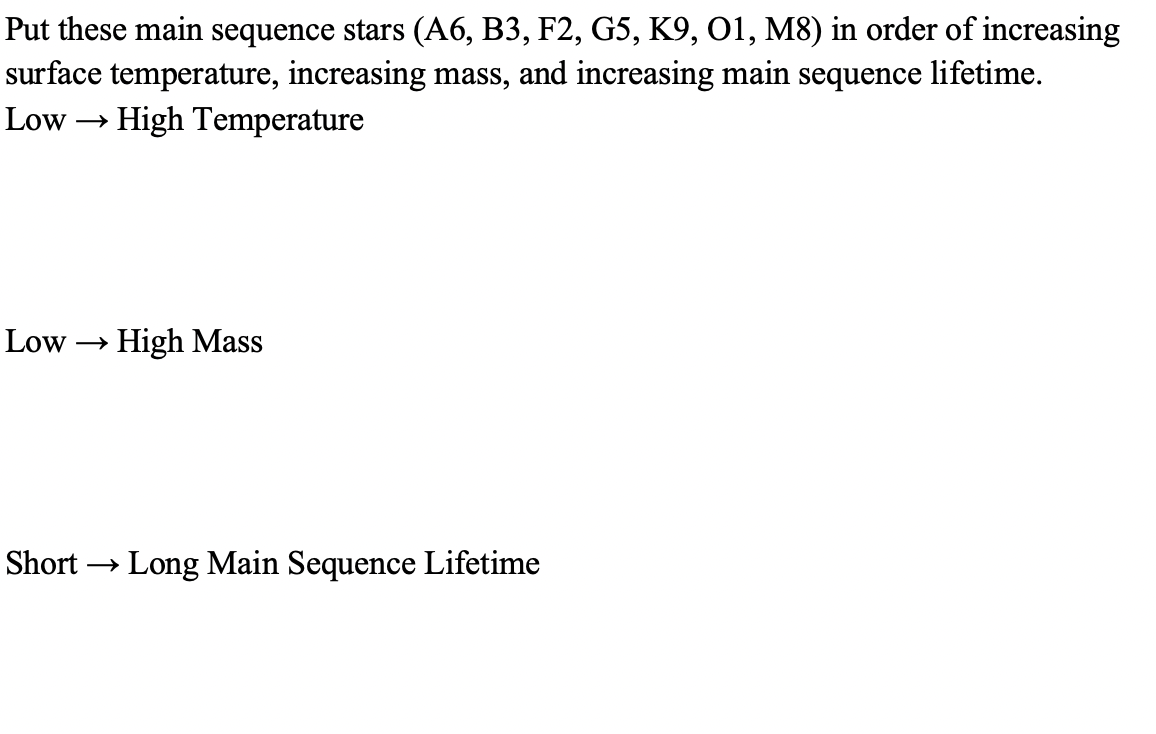 Solved Put these main sequence stars (A6, B3, F2, G5, K9, | Chegg.com