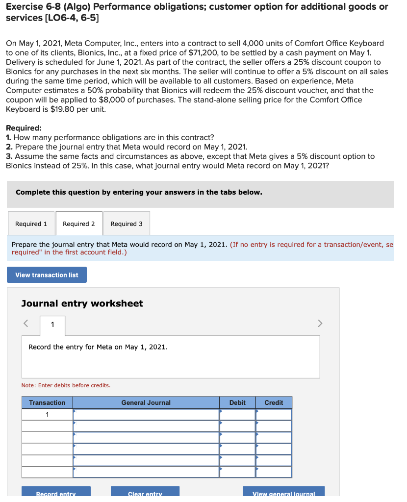 Solved Exercise 6-8 (Algo) Performance obligations; customer | Chegg.com
