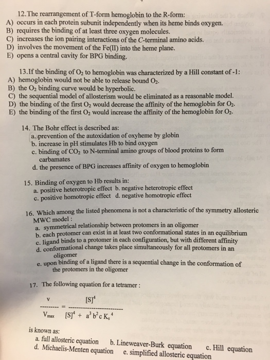 Solved 12.The rearrangement of T-form hemoglobin to the | Chegg.com