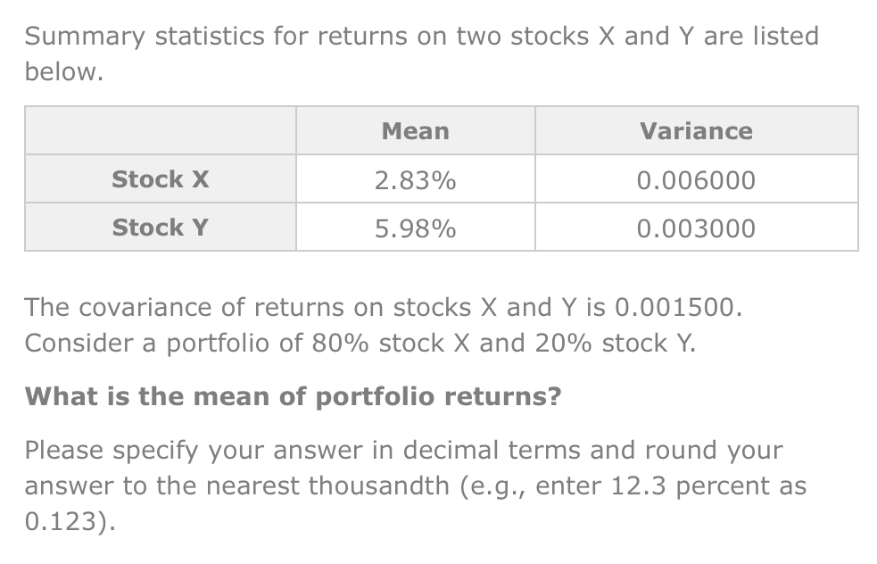 Solved Summary statistics for returns on two stocks X and Y | Chegg.com