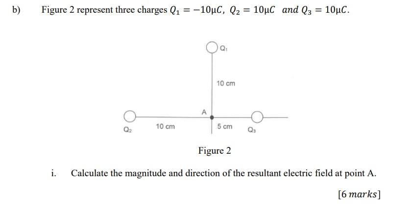 Solved b) Figure 2 represent three charges Q1 = -10°C, Q2 = | Chegg.com