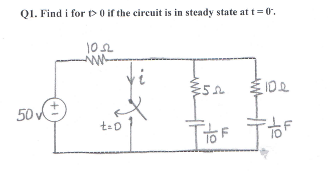 Solved Q1. ﻿Find i for t>0 if ﻿the circuit is in ﻿steady | Chegg.com