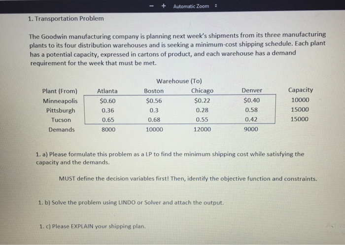 Solved - + Automatic Zoom : 1. Transportation Problem The | Chegg.com