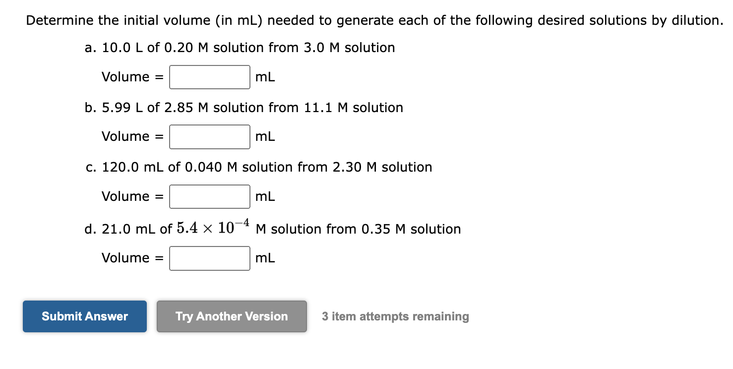 Solved Determine the initial volume (in mL ) needed to | Chegg.com