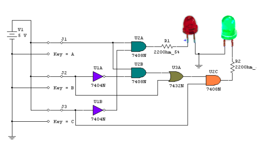 Solved Vi 5 V J1 U2A RI • Key = A 2200h 59 7408N U2B RZ | Chegg.com