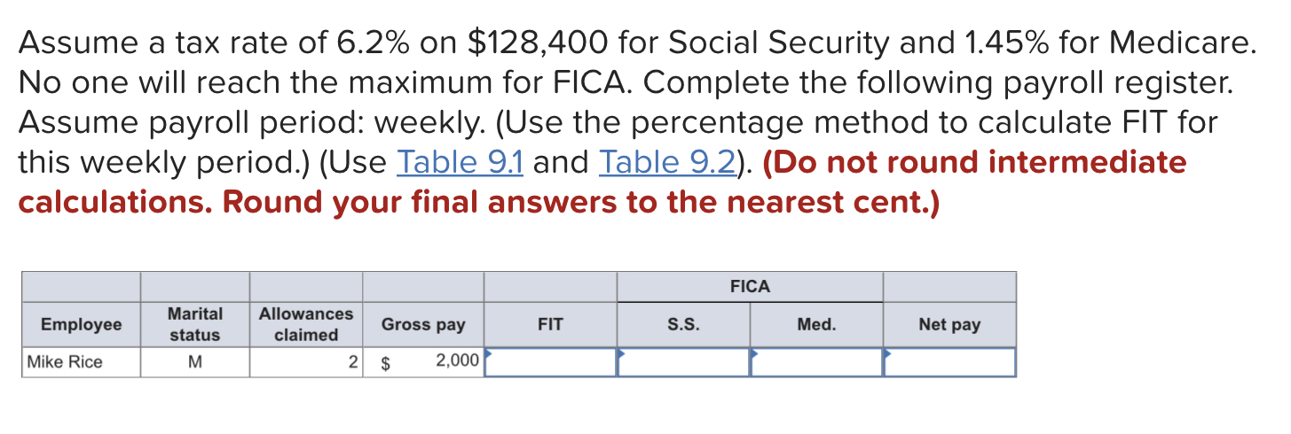 Assume a tax rate of 6.2% on $128,400 for Social | Chegg.com