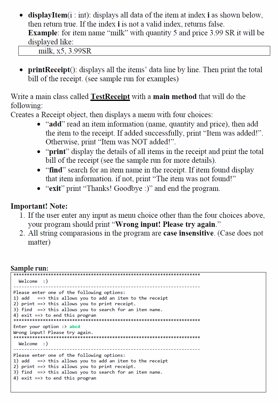 Solved Write a class Receipt that stores a list of items' | Chegg.com