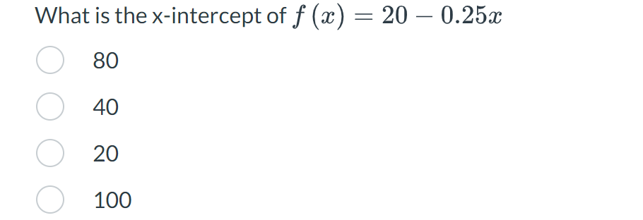 Solved What is the x-intercept of f(x)=20−0.25x 80 40 20 100 | Chegg.com