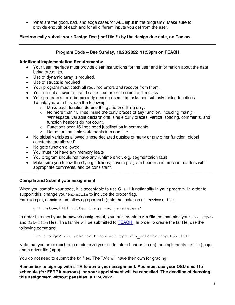 CS 162 Assignment #2 Pokémon Encyclopedia Design | Chegg.com