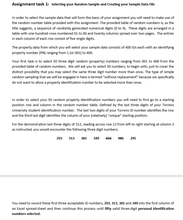 Assignment task 1: Selecting your Random Sample and | Chegg.com