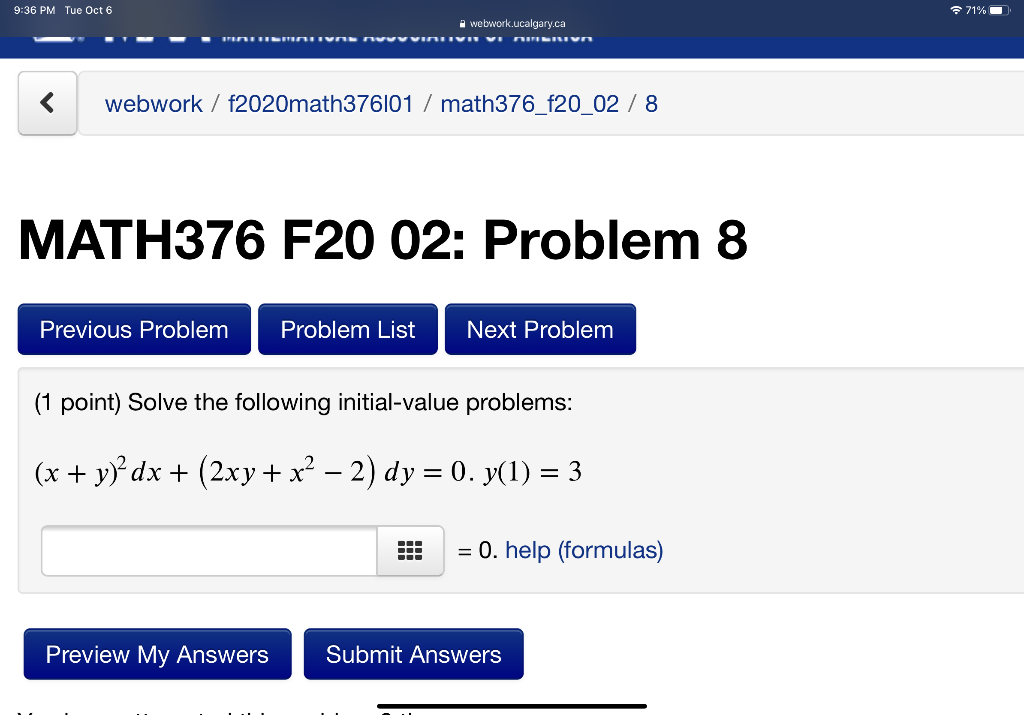 Solved 9:36 PM Tue Oct 6 71% webwork.ucalgary.ca | Chegg.com