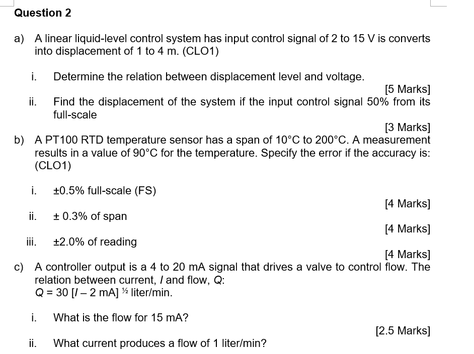 Solved Question 2 a) A linear liquid-level control system | Chegg.com