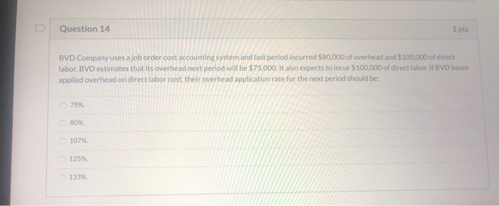 Solved | Question 11 1 pts A company has an overhead | Chegg.com