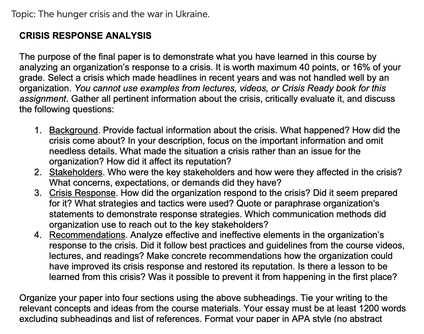 Solved CRISIS RESPONSE ANALYSIS The purpose of the final | Chegg.com