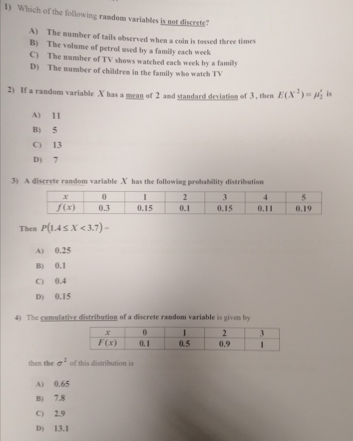 Solved 1) Which of the following random variables is not | Chegg.com