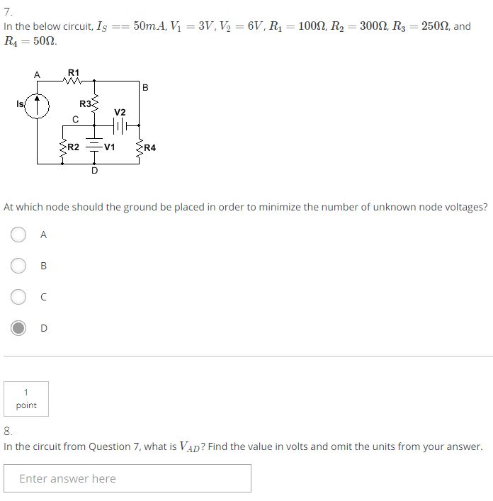Solved In the below circuit, Is = 50 mA, V1 = 3V, V2 = 6V, | Chegg.com