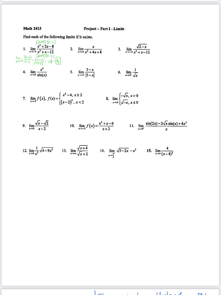 Solved Math 2413 Project - Part I - Limits Find each of the | Chegg.com