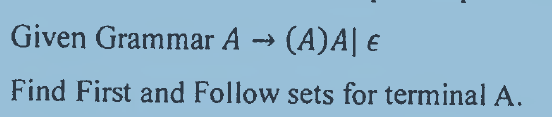 Solved Given Grammar A→(A)A∣ϵ Find First and Follow sets for | Chegg.com