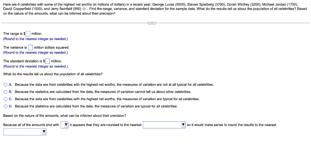 Solved Here are 6 celebrities with some of the highest net | Chegg.com