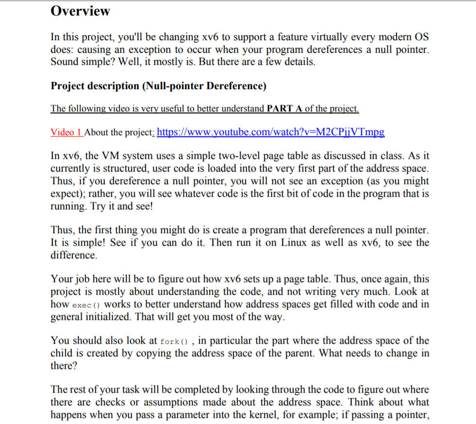 Overview In this project, you'll be changing xv6 to | Chegg.com