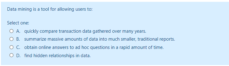 Solved Data mining is a tool for allowing users to:Select | Chegg.com