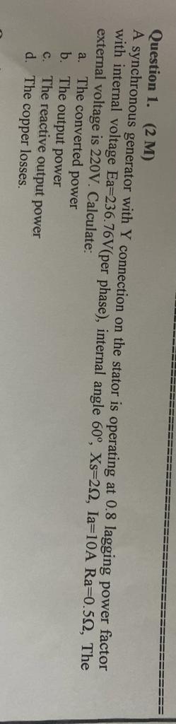 Solved Question 1. (2 ﻿M)A synchronous generator with Y | Chegg.com