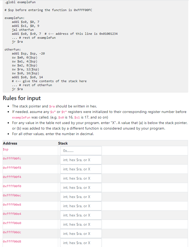 For a call to exampleFun(4, 9, 1), show the contents | Chegg.com