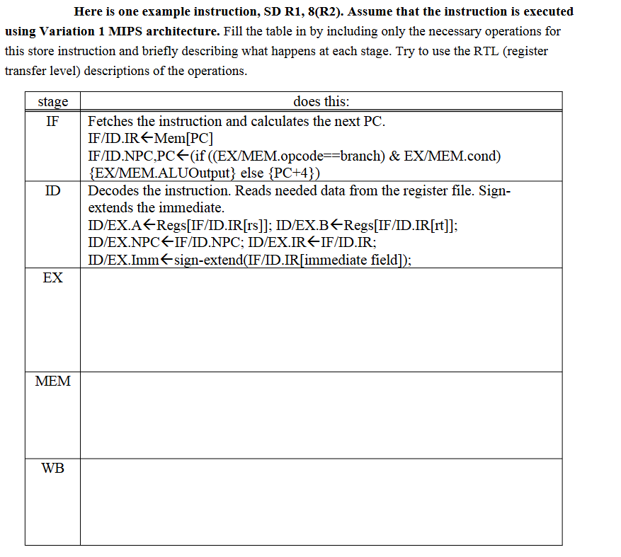Solved Here is one example instruction, SD R1, 8(R2). | Chegg.com