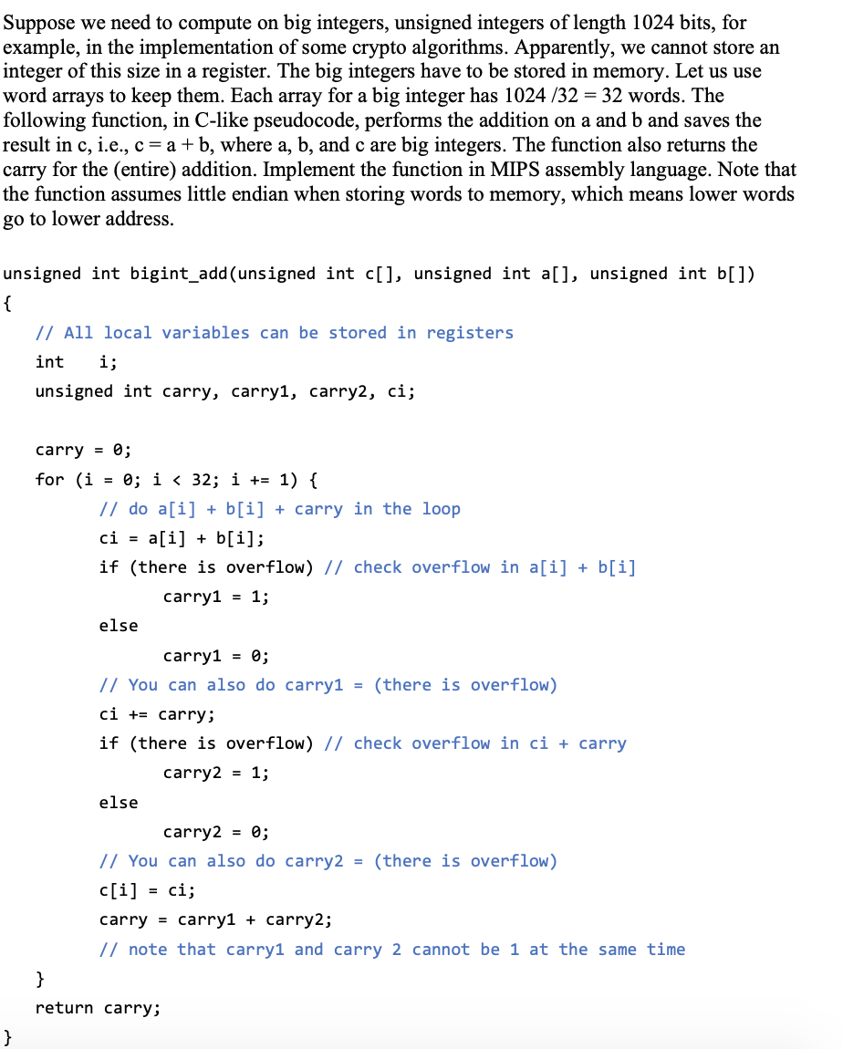 Suppose we need to compute on big integers, unsigned | Chegg.com