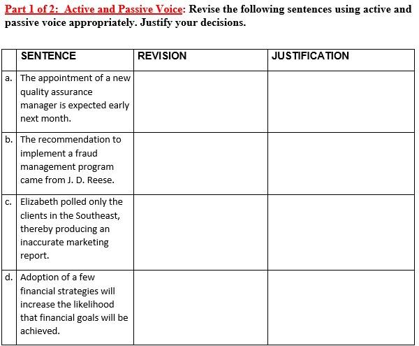 Solved Part 1 of 2: Active and Passive Voice: Revise the | Chegg.com
