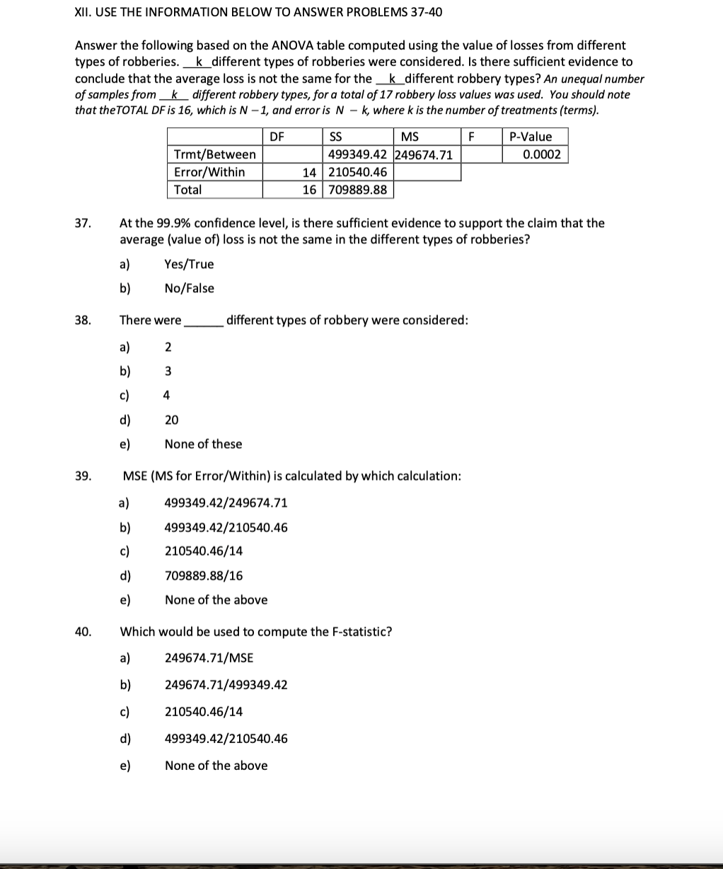 Solved XII. USE THE INFORMATION BELOW TO ANSWER PROBLEMS | Chegg.com