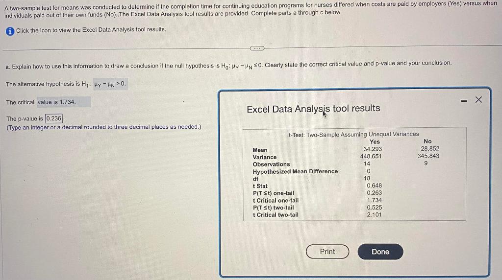 Solved A two-sample test for means was conducted to | Chegg.com