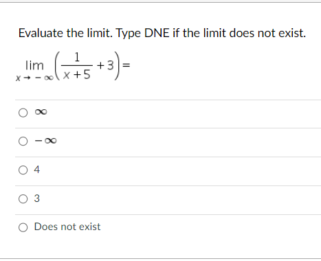 Solved Evaluate the limit. Type DNE if the limit does not | Chegg.com