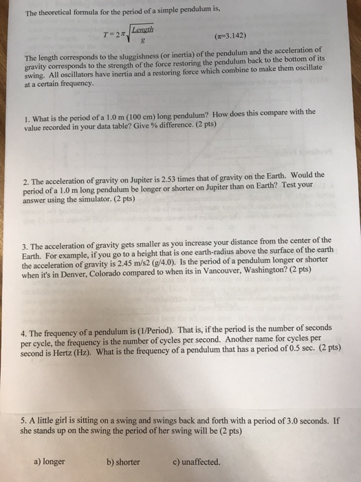 Solved The theoretical formula for the period of a simple | Chegg.com