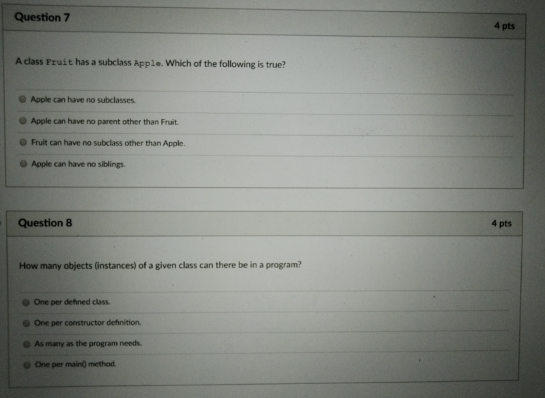 Solved Question 7 4 pts A class Fruit has a subclass Apple. | Chegg.com